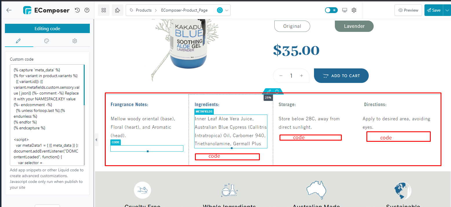 How to use Variant metafield on your Product template? | EComposer Landing Page Builder